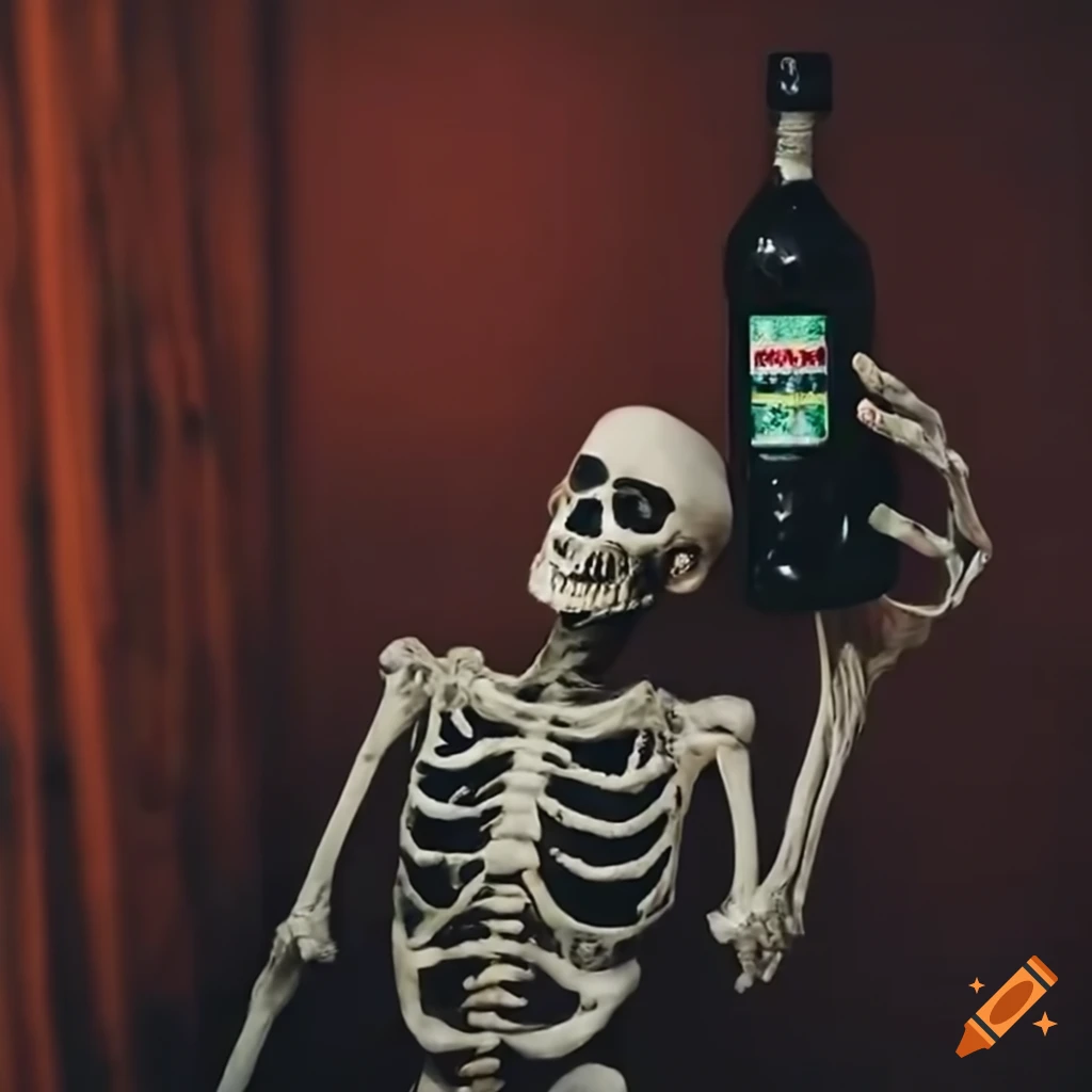 Humorous image of a skeleton taking a mirror selfie with a bottle of ...