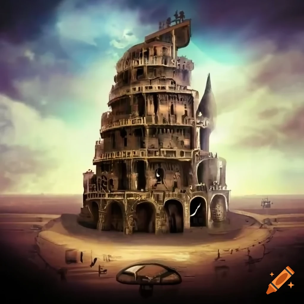 Steampunk-style babel tower on Craiyon