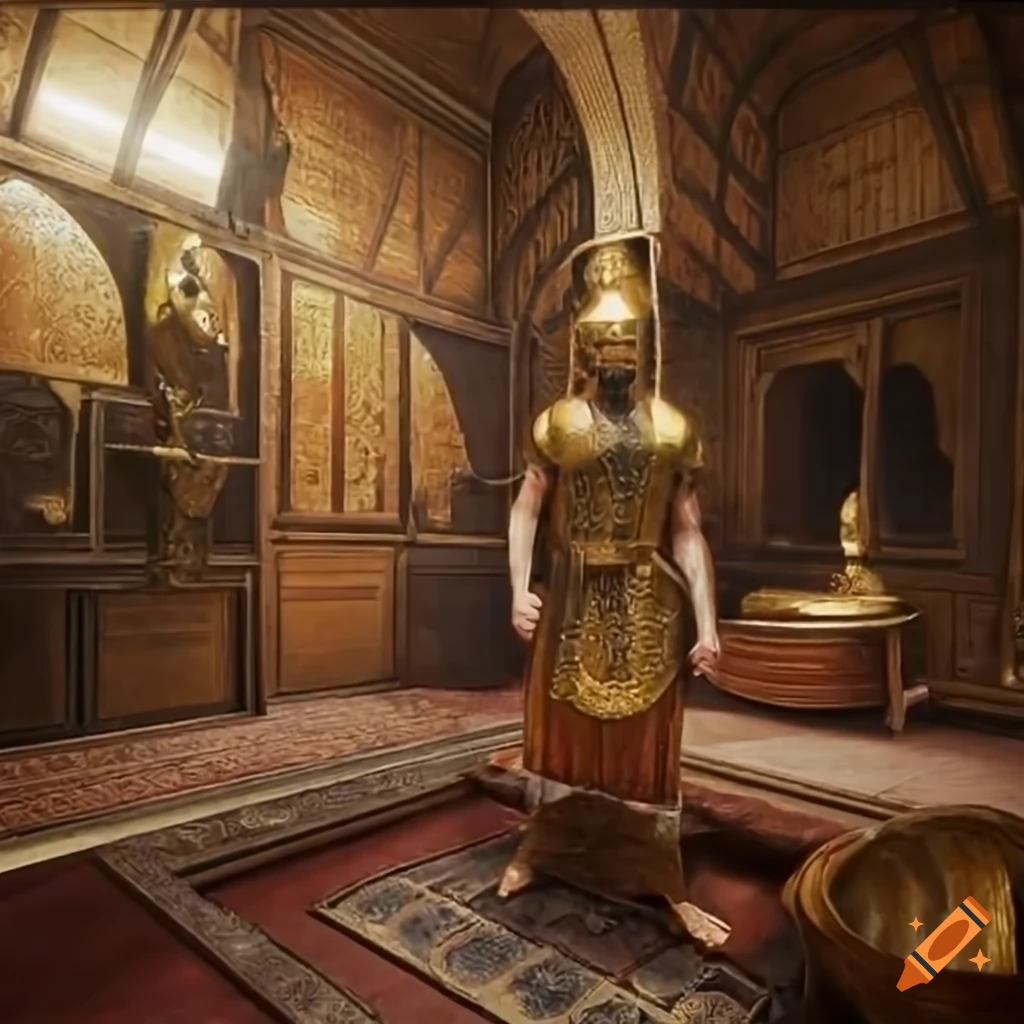 Portrait of a man in golden etruscan armor with a khopesh sword on Craiyon