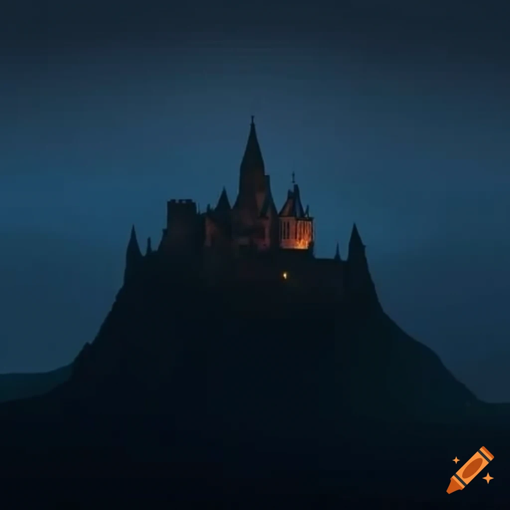 Night view of a black castle surrounded by mountains on Craiyon