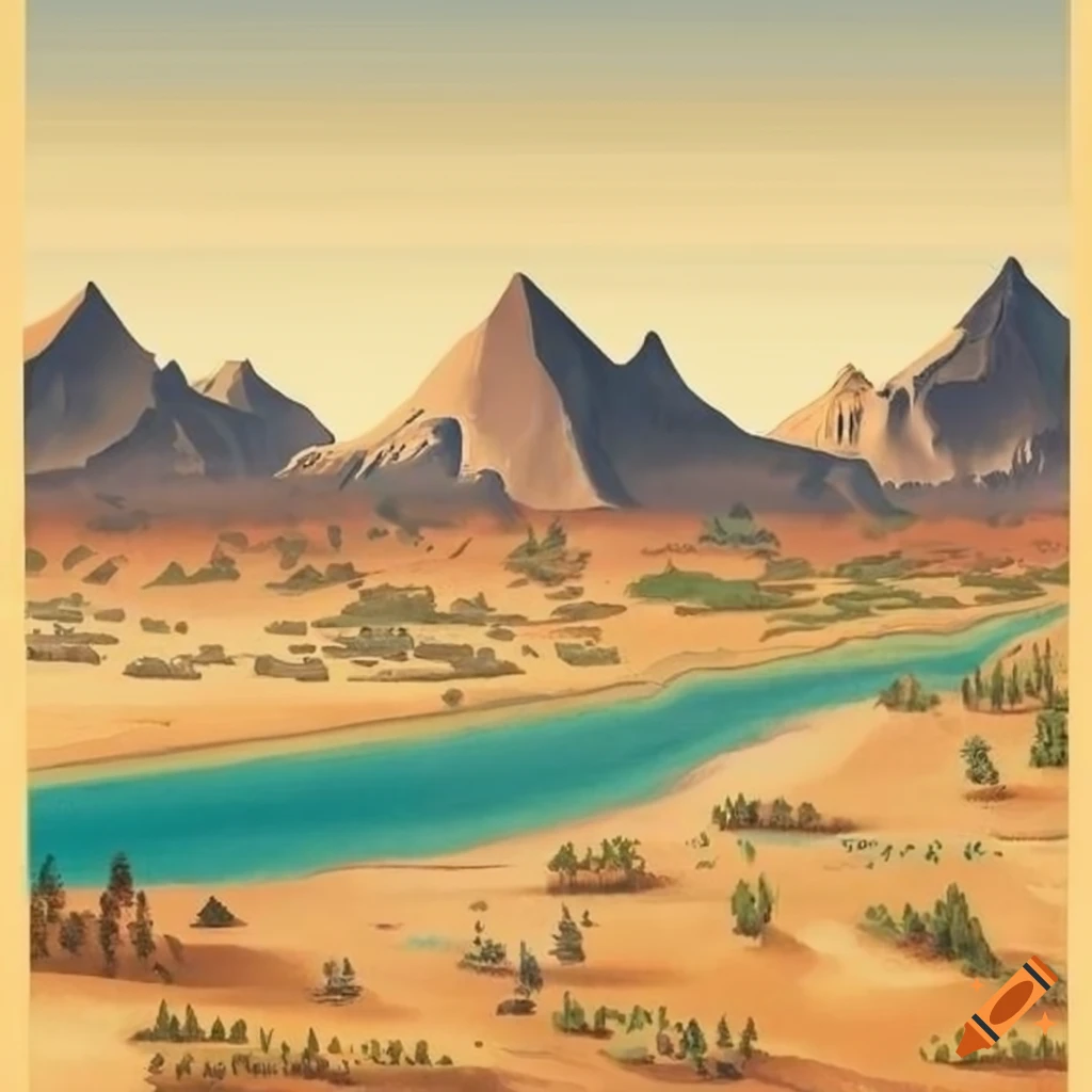 Illustrated map with mountains, river, desert, and train tracks