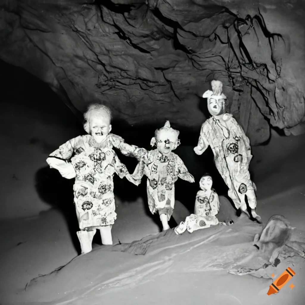 Vintage photograph of clowns spelunking in a cave on Craiyon
