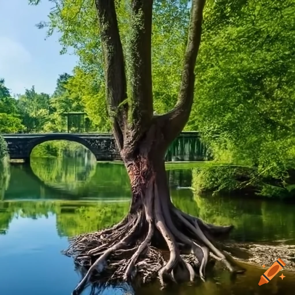 Artistic depiction of a tree and a leaf on water on Craiyon