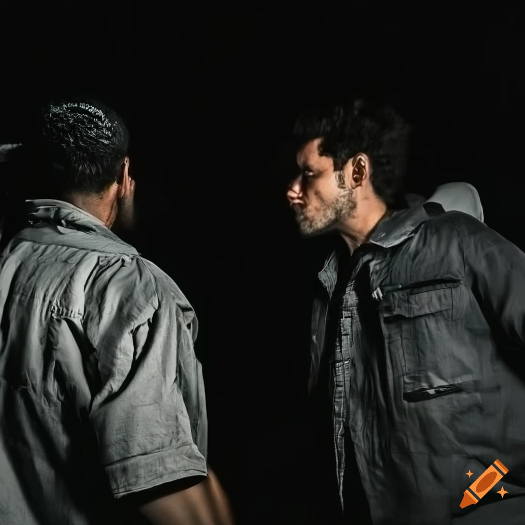 Two men having a conversation by a truck at night