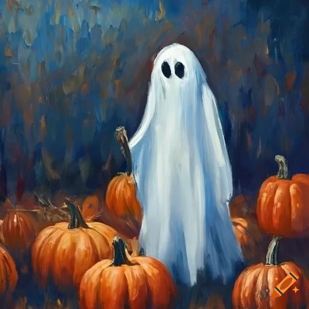 Oil painting of a ghost in a pumpkin field on Craiyon