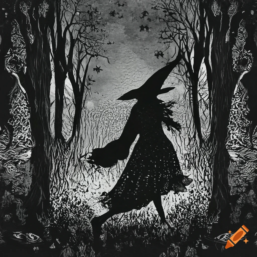Detailed black and white artwork of witches dancing in the forest