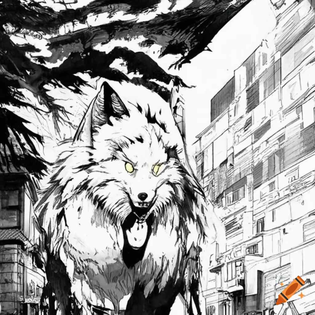 Gigantic wolf overlooking a cityscape on Craiyon