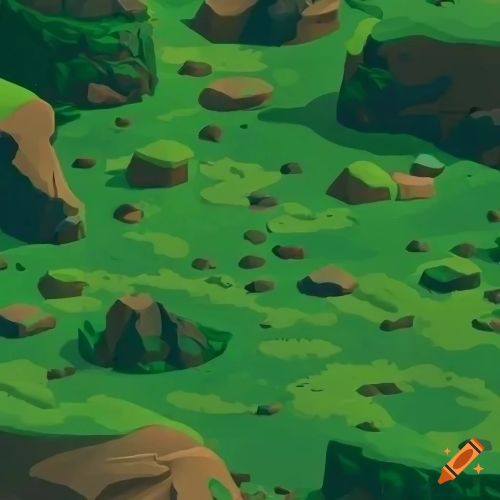 Isometric top-down landscape with grass and rock walls