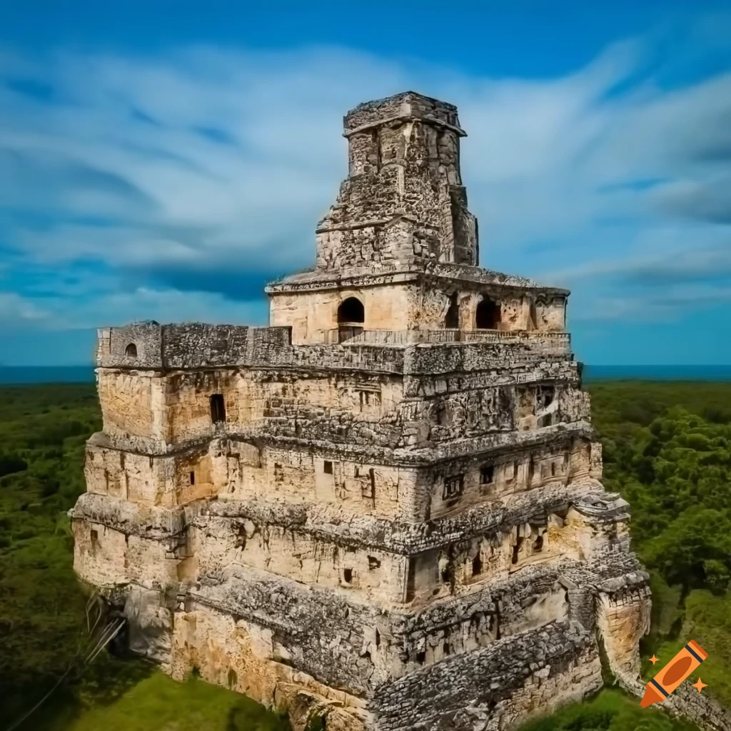 Scenic view of a mayan-style castle from above on Craiyon