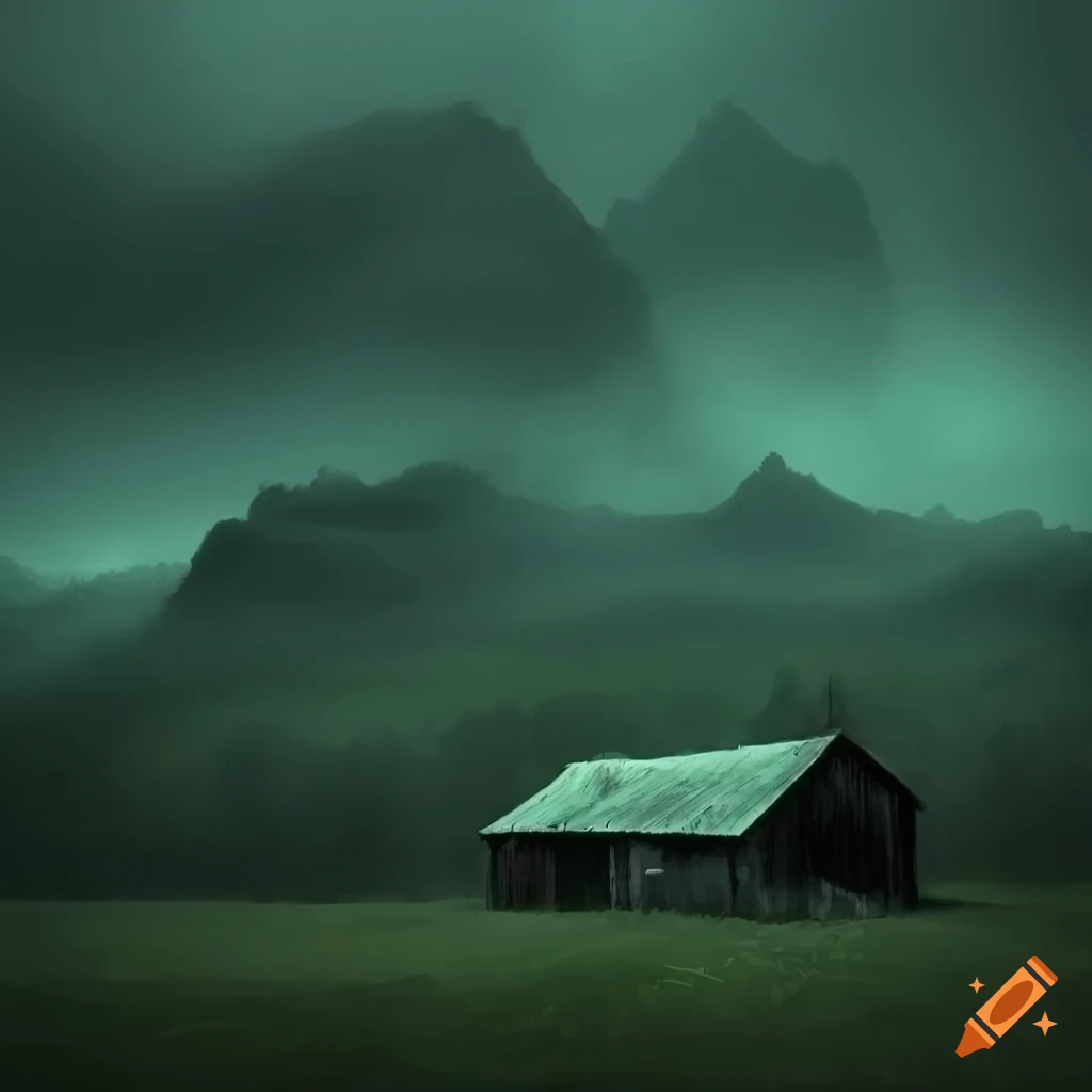 Dark fantasy image of an abandoned barn with a green glow on Craiyon