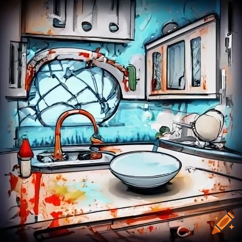Comic illustration of a cluttered kitchen sink on Craiyon