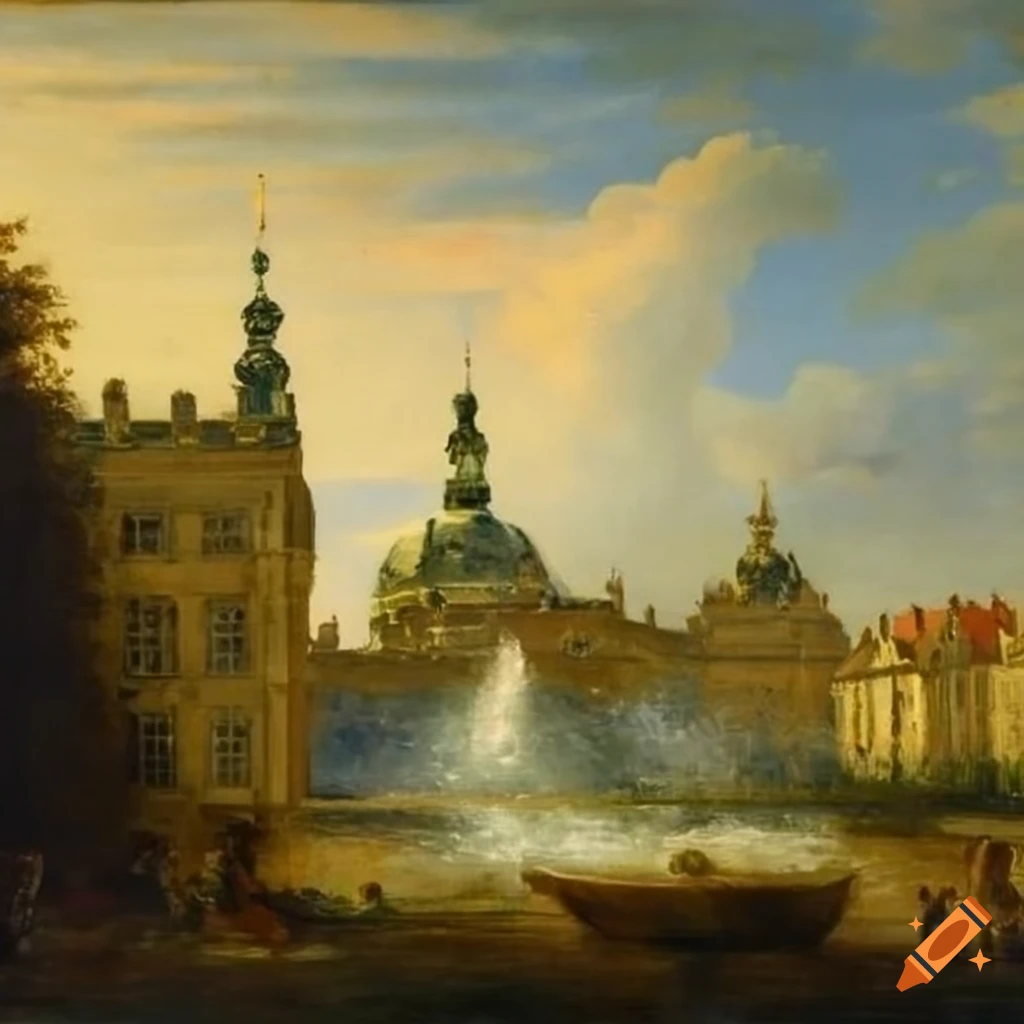Neoclassical landscape painting with a house near a fountain on Craiyon