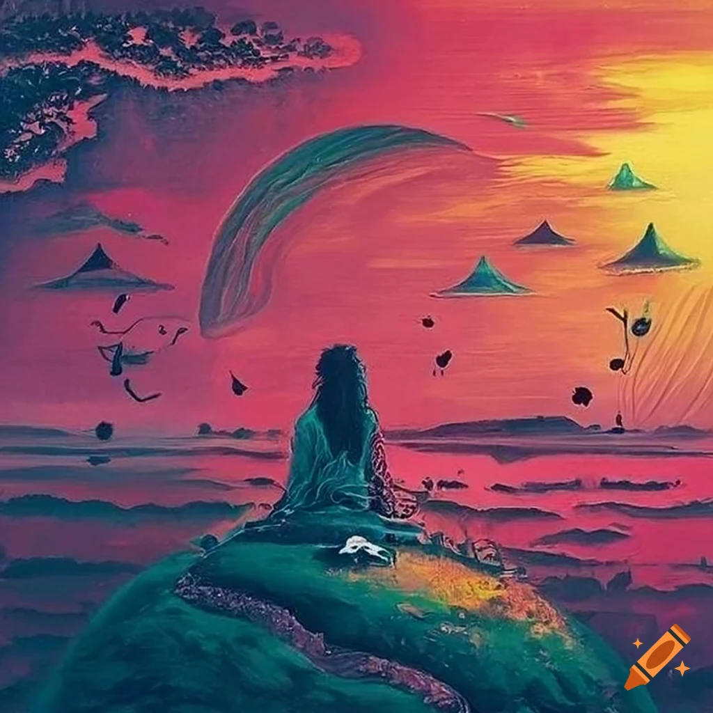 Magical illustration of serpents, oak forest, mountain peaks, and a ...