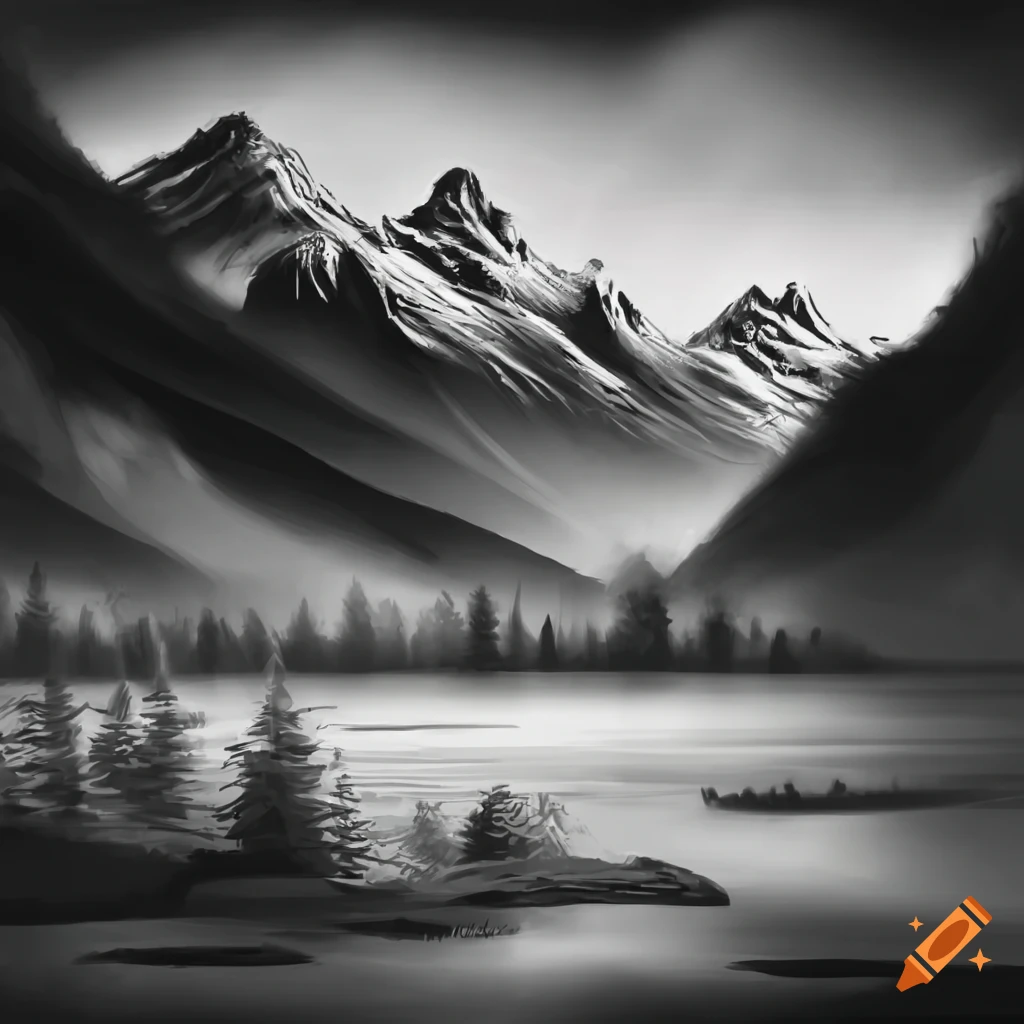 Bob ross inspired black and white landscape on Craiyon