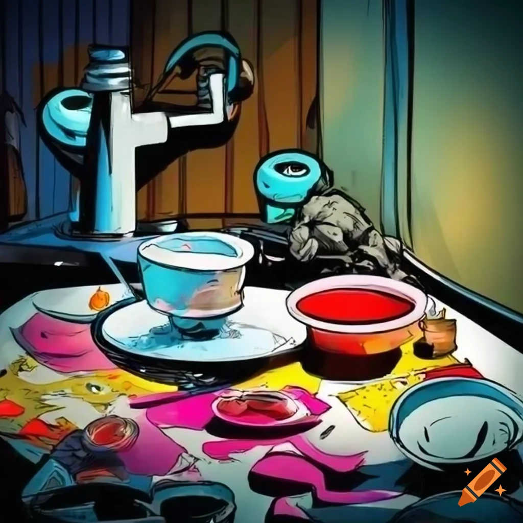 Comic book illustration of a messy kitchen sink - Craiyon