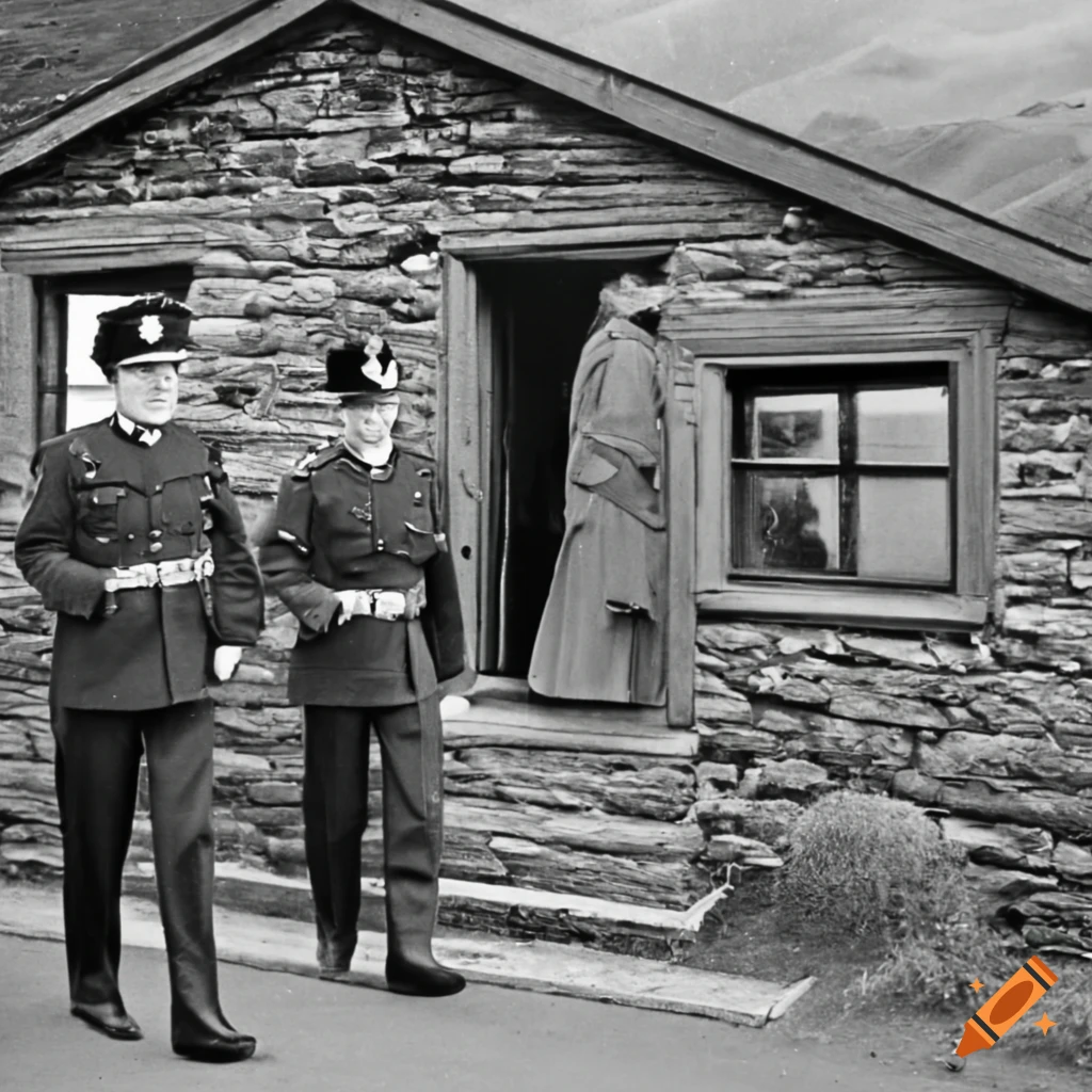Vintage photo of police constables arriving at a cabin on Craiyon