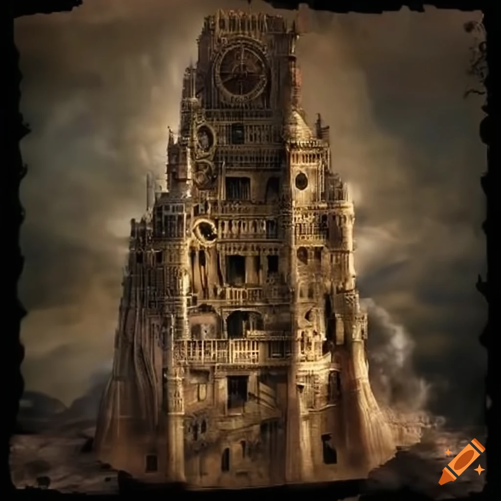 Steampunk-style babel tower