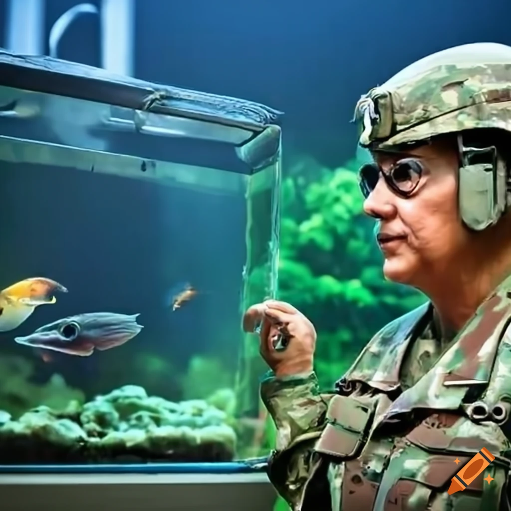 Humorous image of an army general next to a fish tank on Craiyon