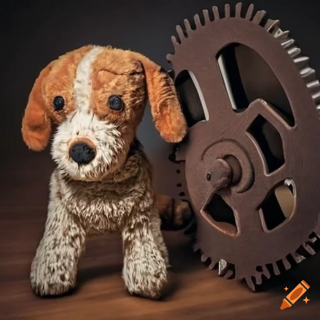 Plush dog with a large iron cog on Craiyon