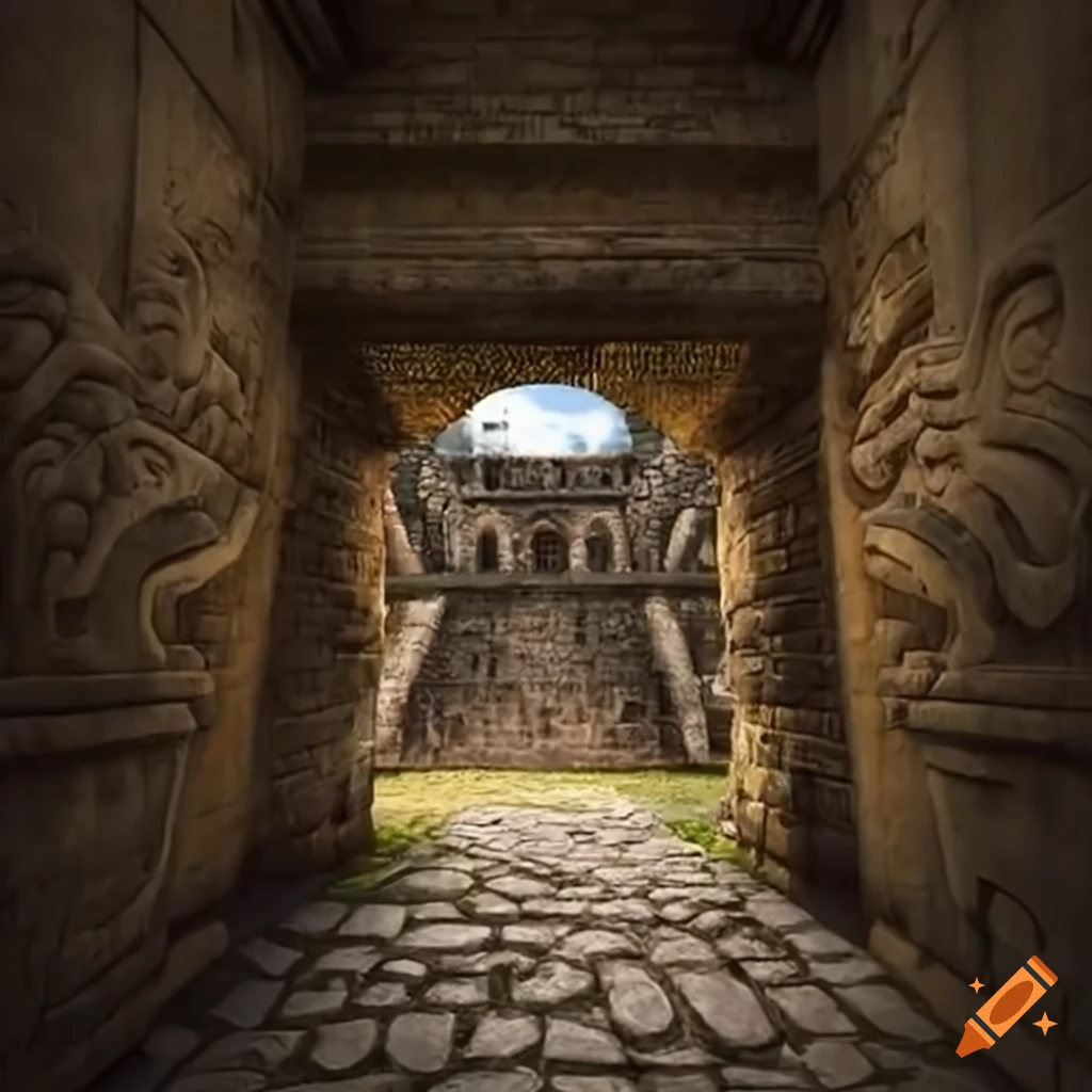 Mayan-style medieval entrance in walled city on Craiyon