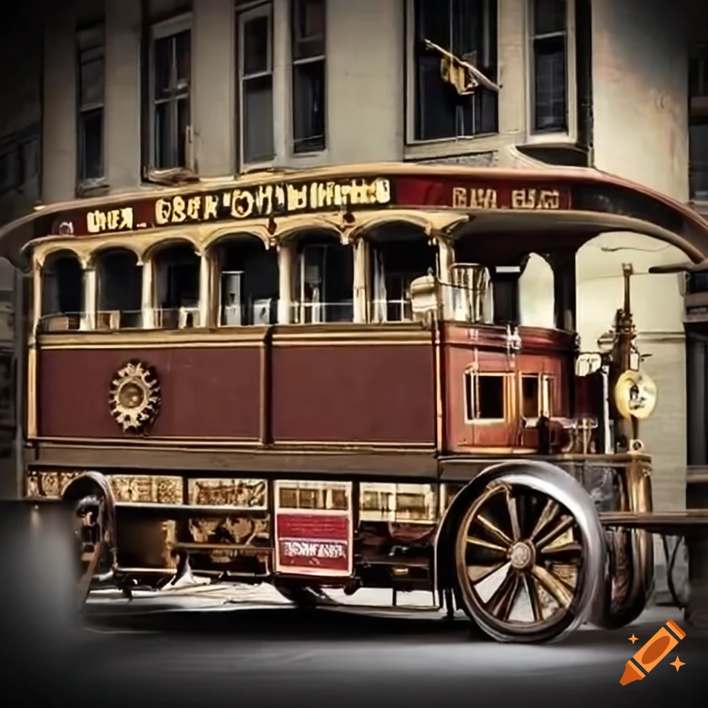 Steampunk steam-powered bus in a victorian-inspired city on Craiyon