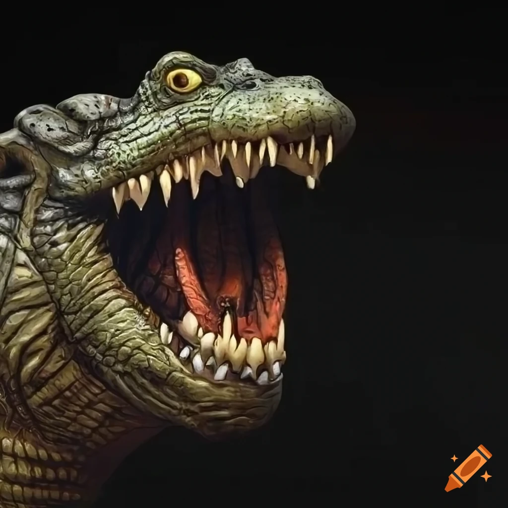 Illustration of a crocodile-headed kaiju monster fighting a robot on ...