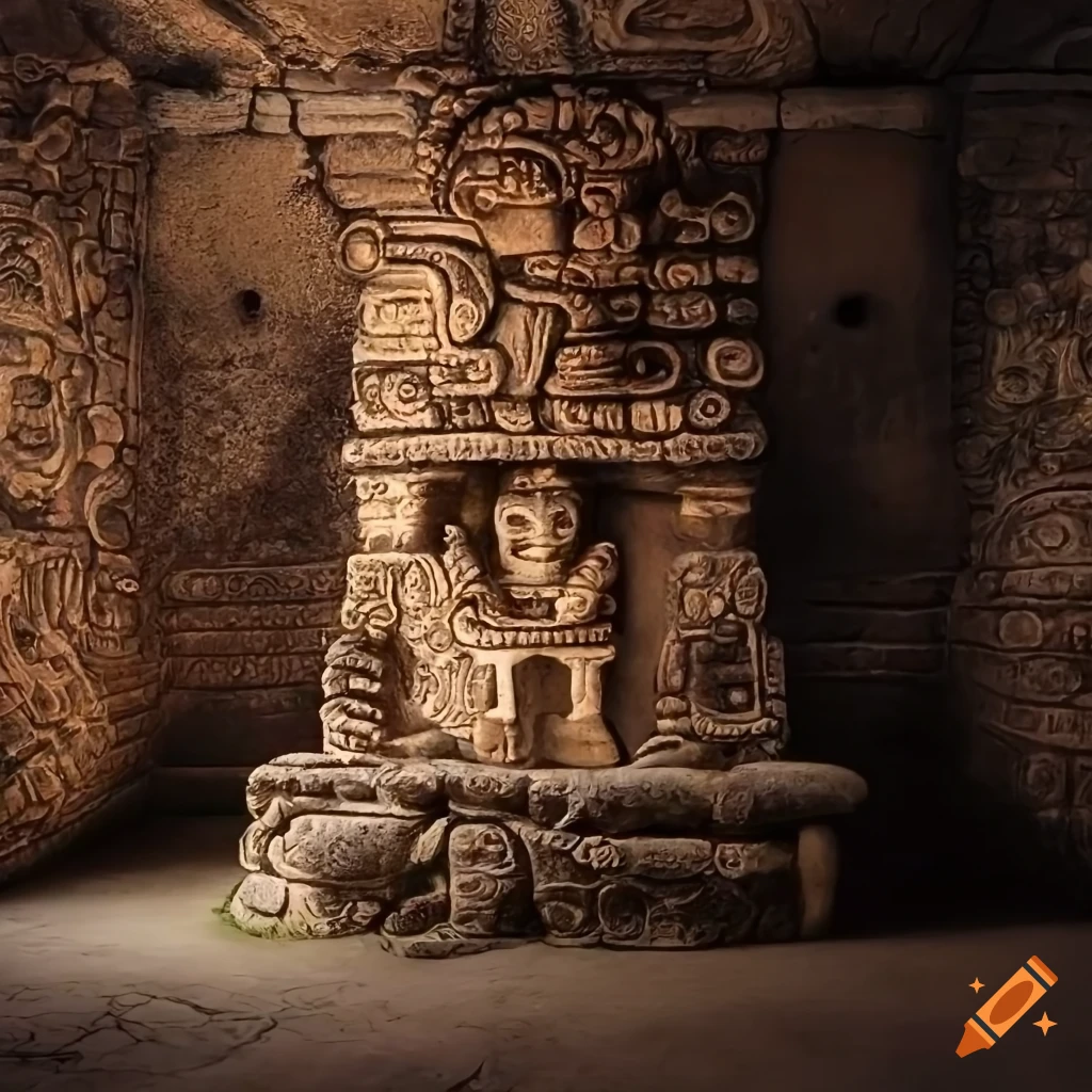 Mayan shrine in a stone room with symbolic walls on Craiyon