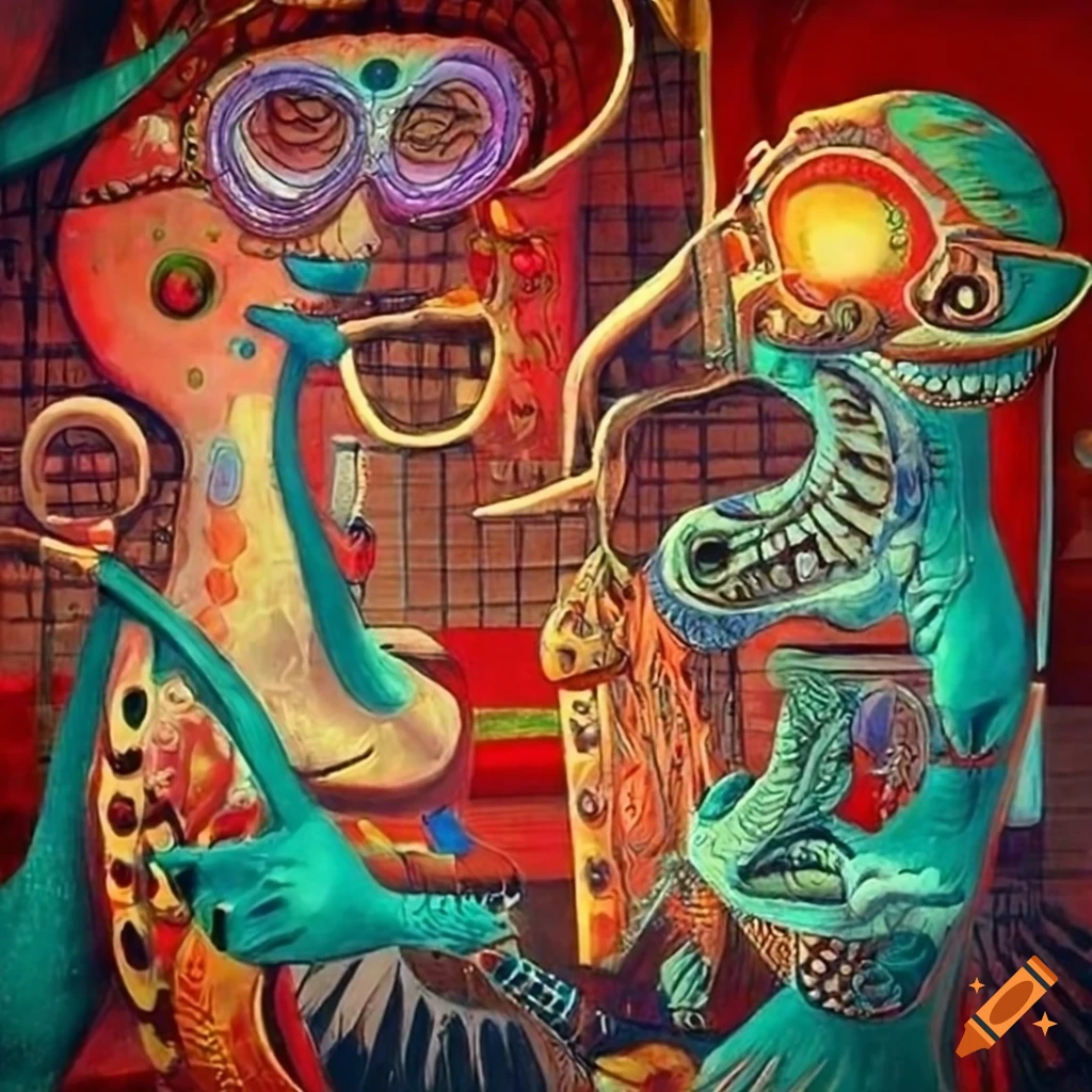 Surrealist drawing with jolly creatures and fantastical objects on Craiyon