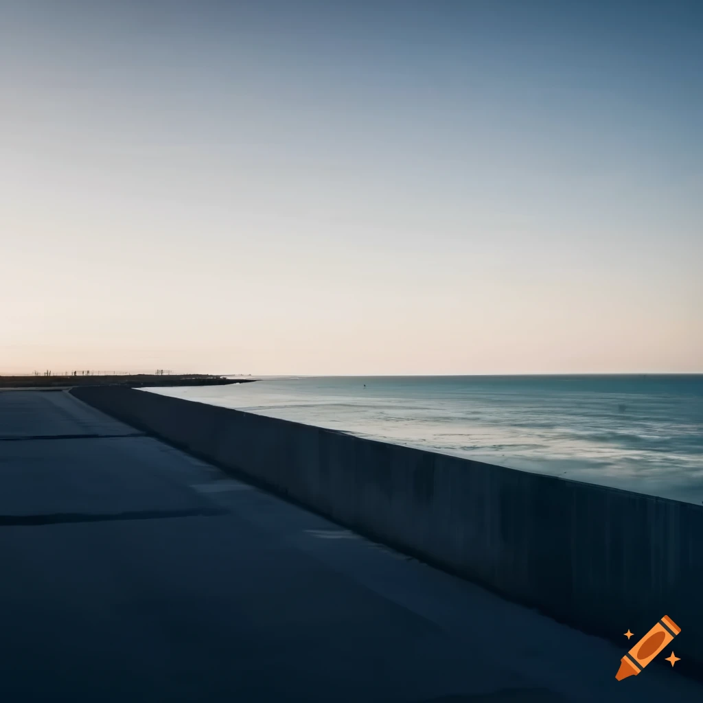 Cityscape with ocean view between industrial buildings on Craiyon
