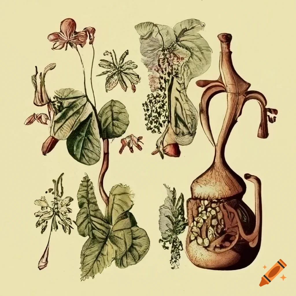Medieval style botanical drawings of vegetables with herb names on ...