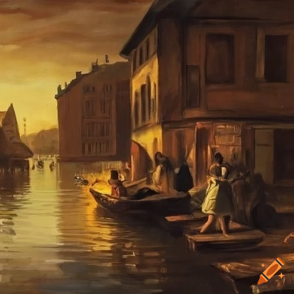 Painting by frank duveneck of people floating in a town