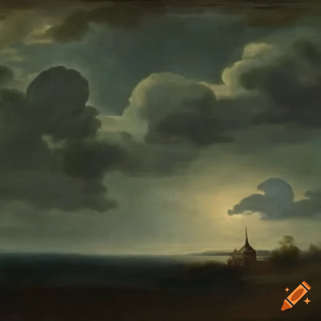 Dramatic oil painting of a countryside with a distant cathedral on Craiyon