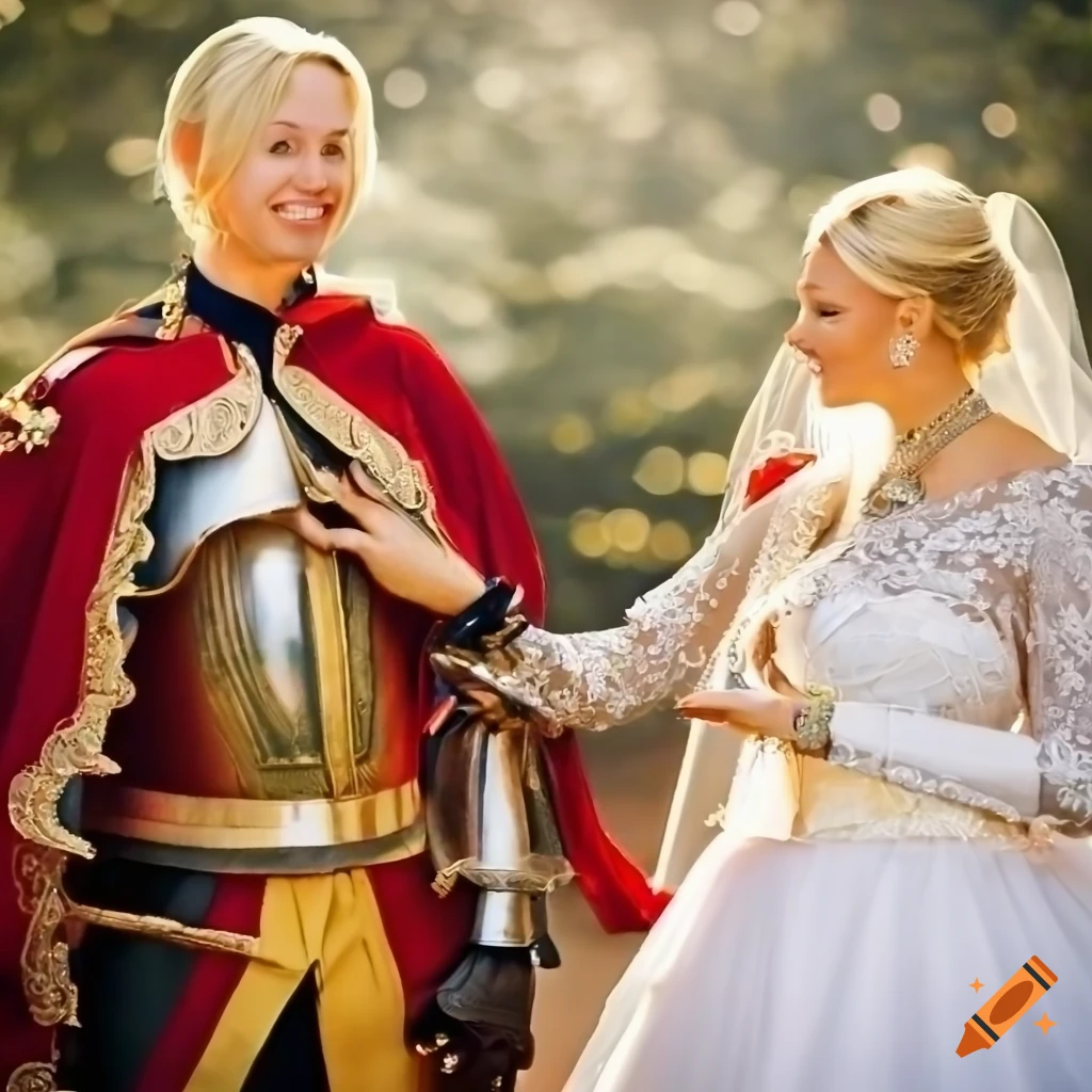 Photo of a blonde groom wearing armor with wings at a wedding on Craiyon