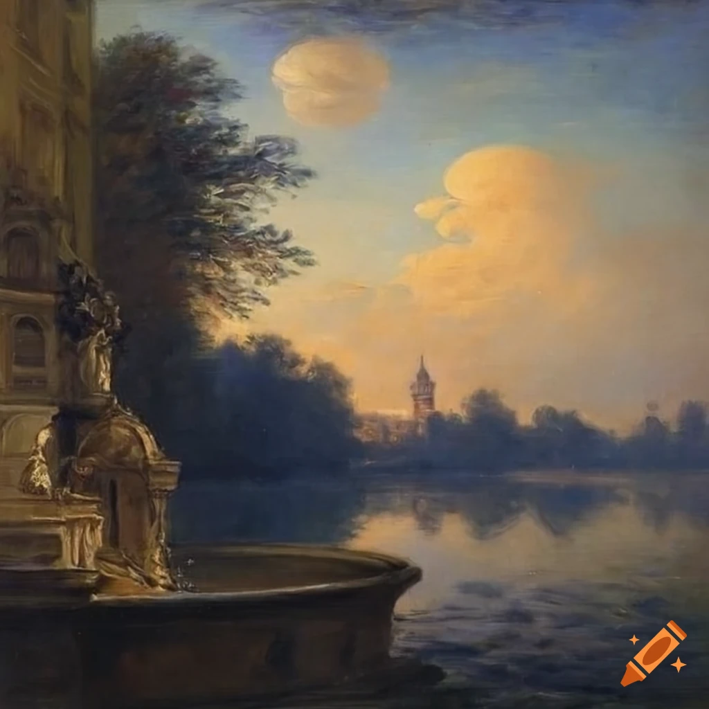 Landscape painting with a house and running water on Craiyon