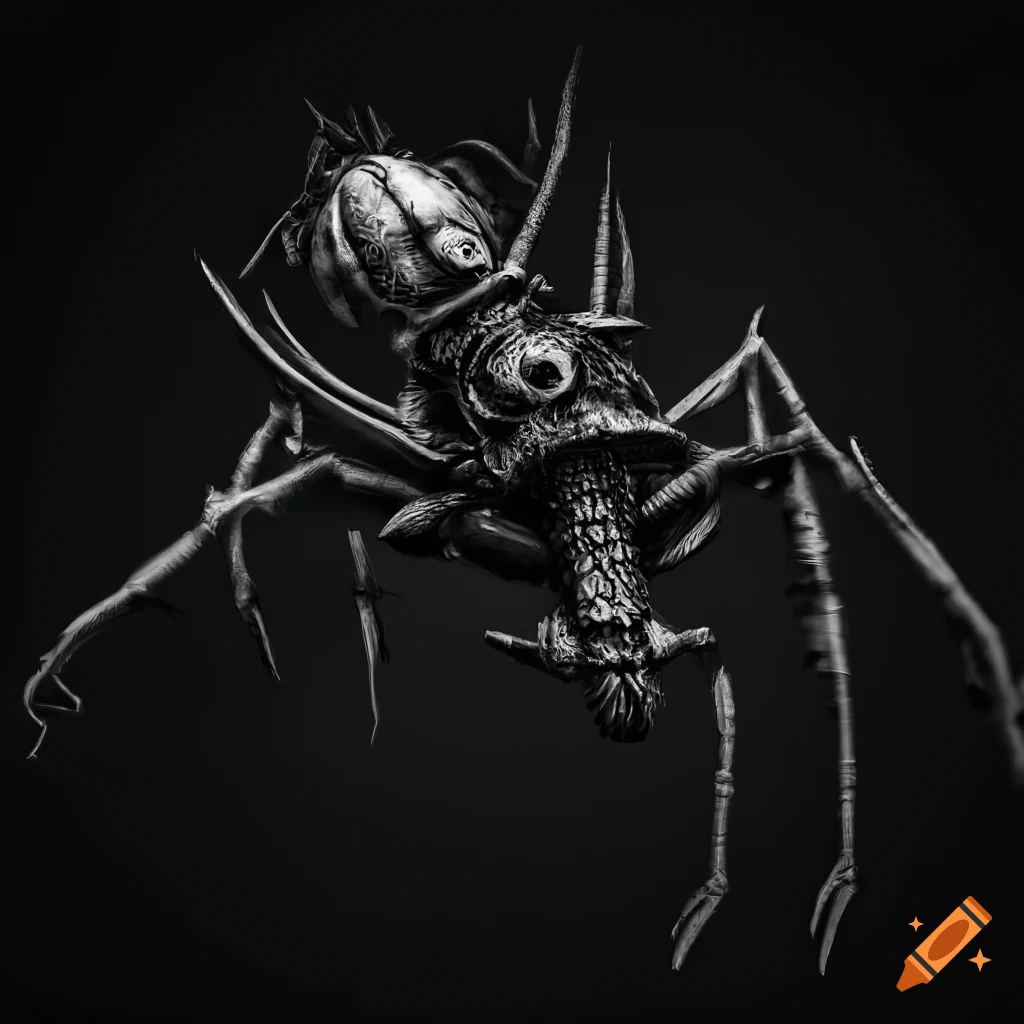 Black and white image of a mechanical insect in a dark fantasy setting ...
