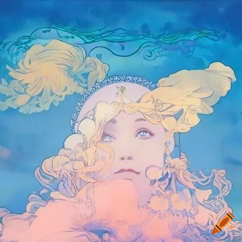 Alphonse Mucha inspired artwork of clouds and blue sky on Craiyon