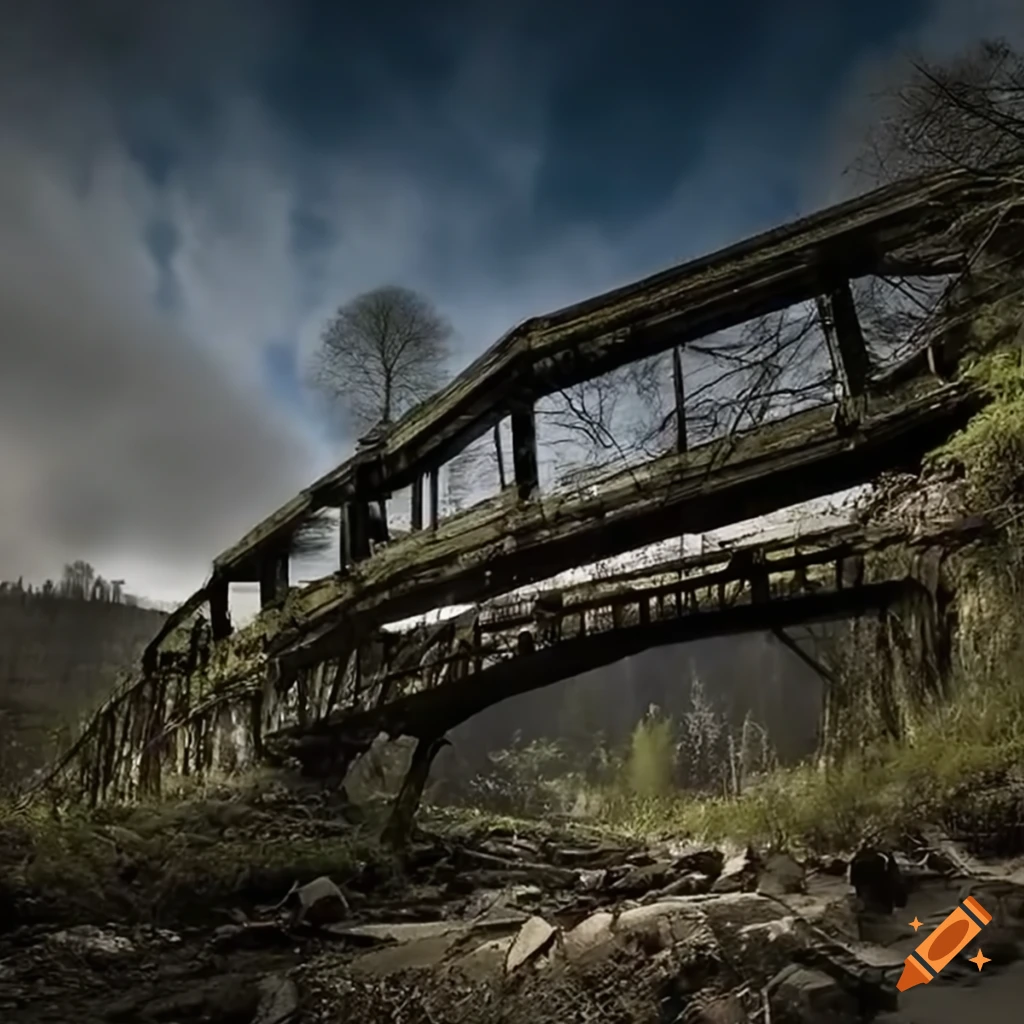 Post-apocalyptic bridges in deserted terrain on Craiyon