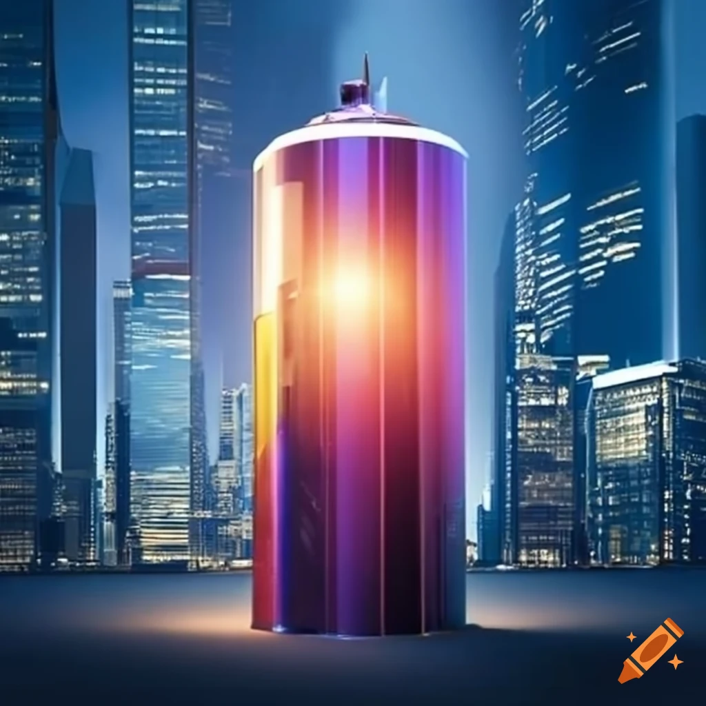 Conceptual image of a giant battery between skyscrapers on Craiyon