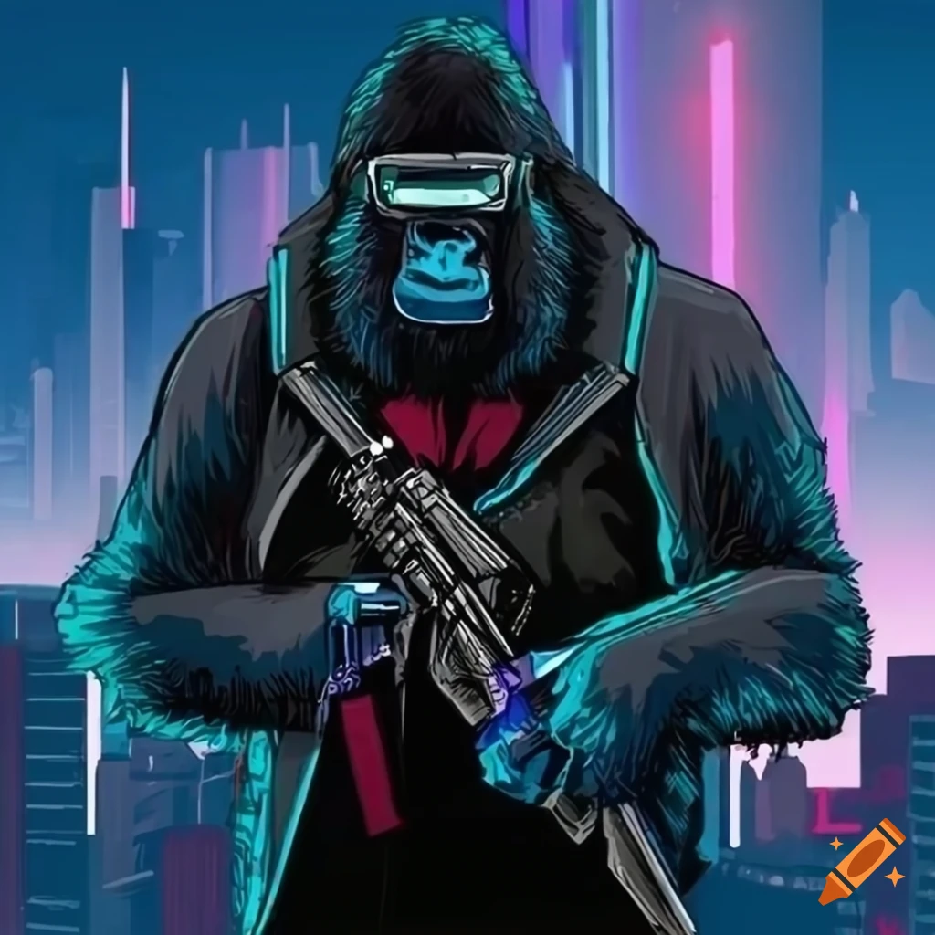 Edgy artwork of a gorilla in a futuristic cityscape on Craiyon