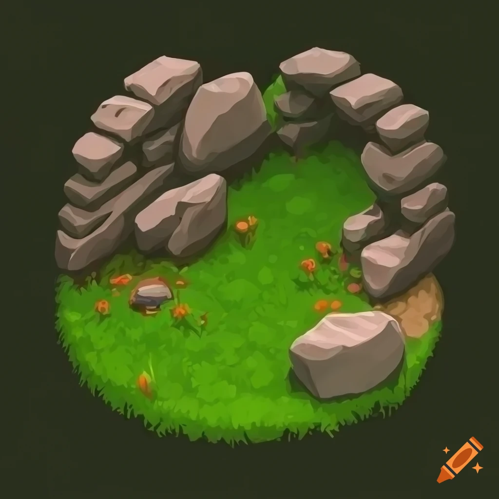 Isometric top-down view of a grassy landscape with rock walls and a ...