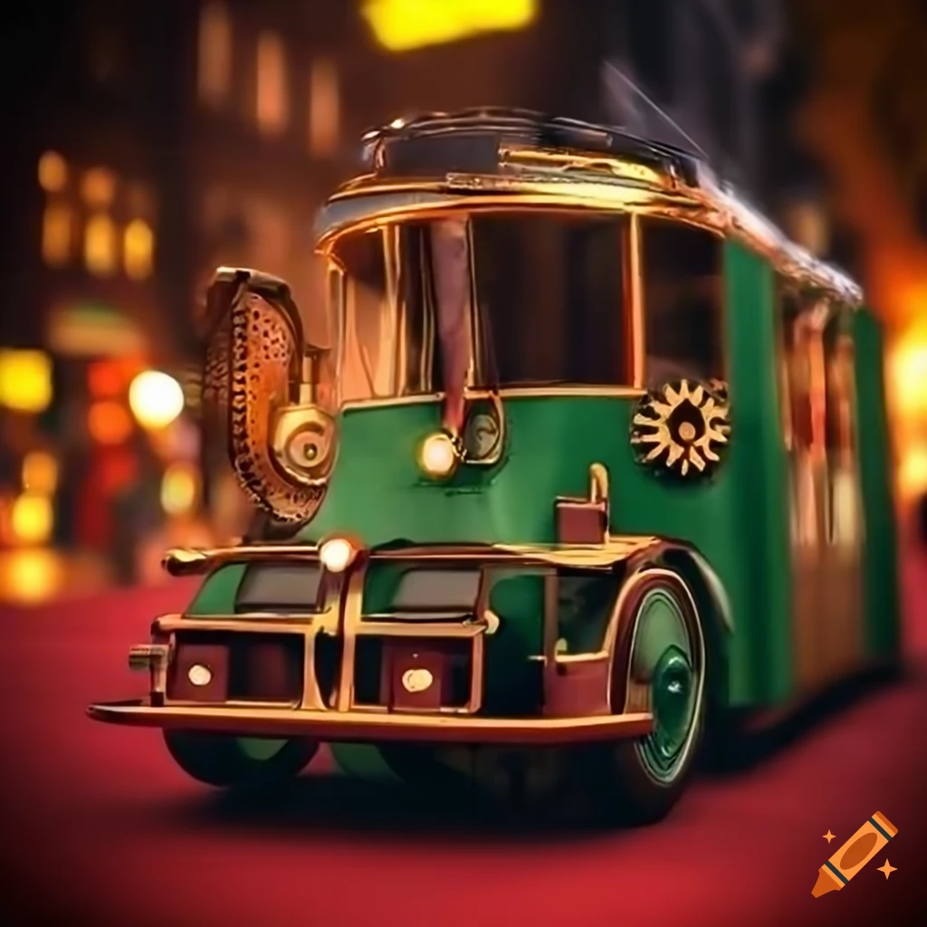 Steampunk bus driving through the city on Craiyon