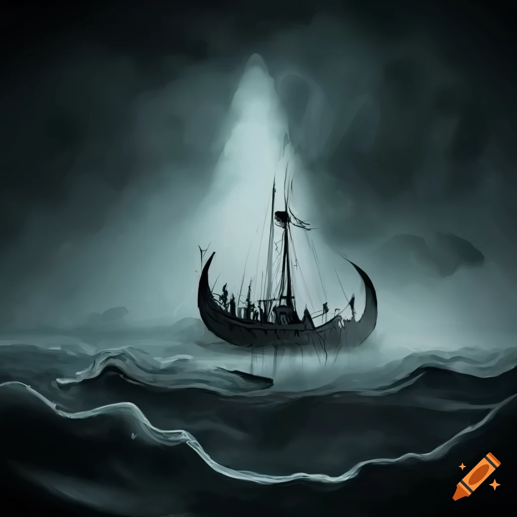 Black and white illustration of a ghostly viking ship in a stormy ocean ...
