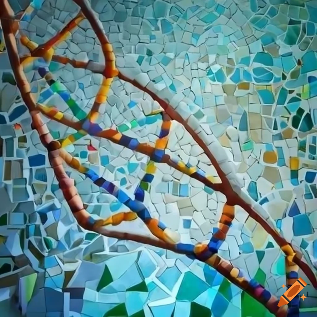 Mosaic mural depicting a dna model on Craiyon
