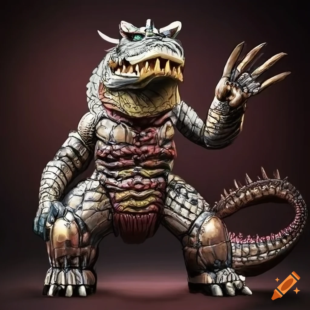 Digital artwork of a kaiju monster fighting a robot on Craiyon