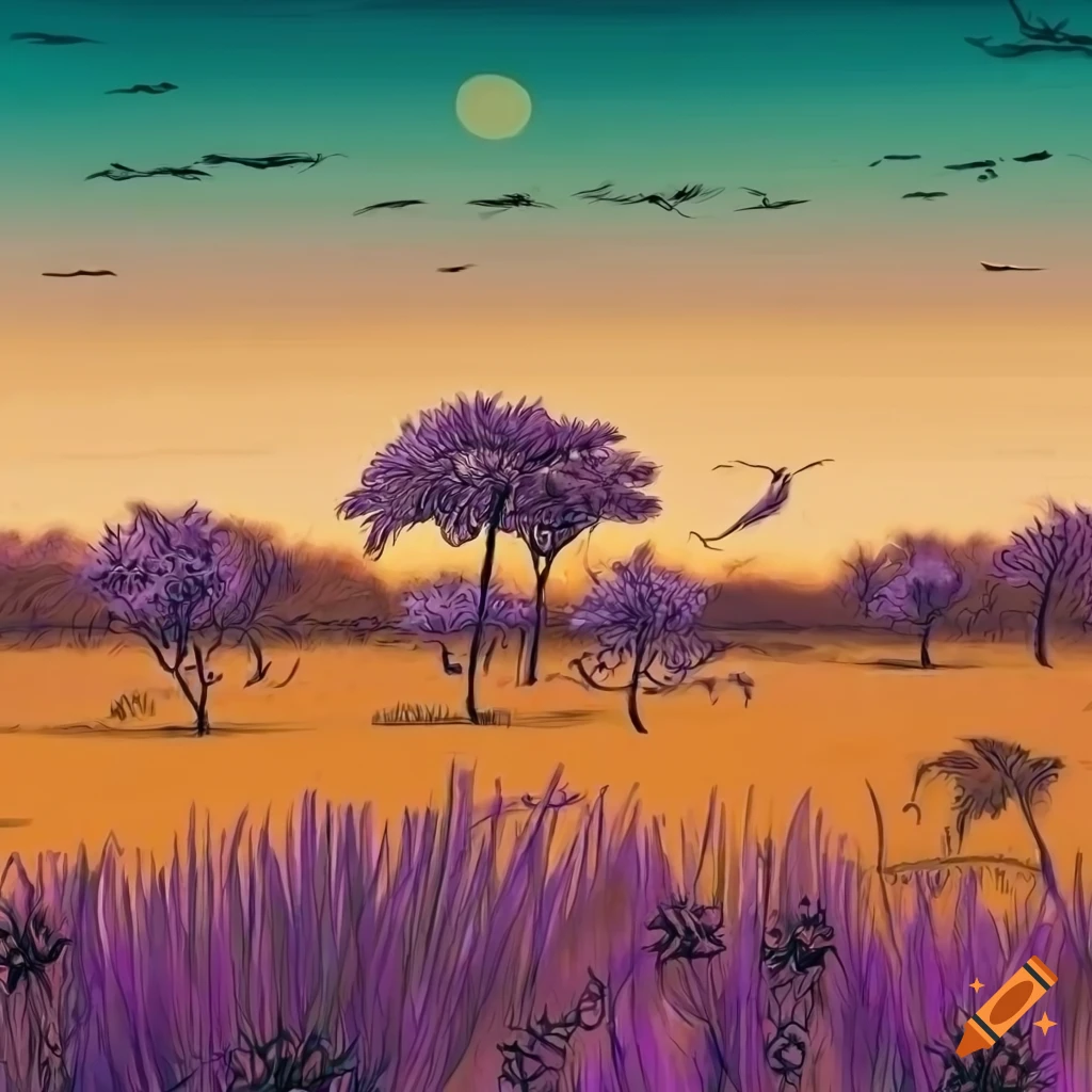 Sunswept savannah landscape in an old drawing style, inspired by mtg ...