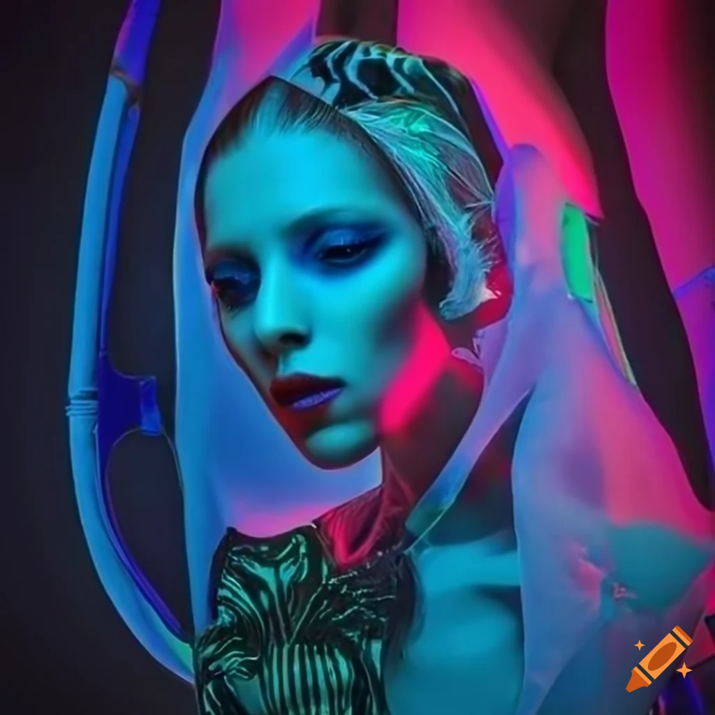 Surreal neon vogue model in silk clothes painting on Craiyon