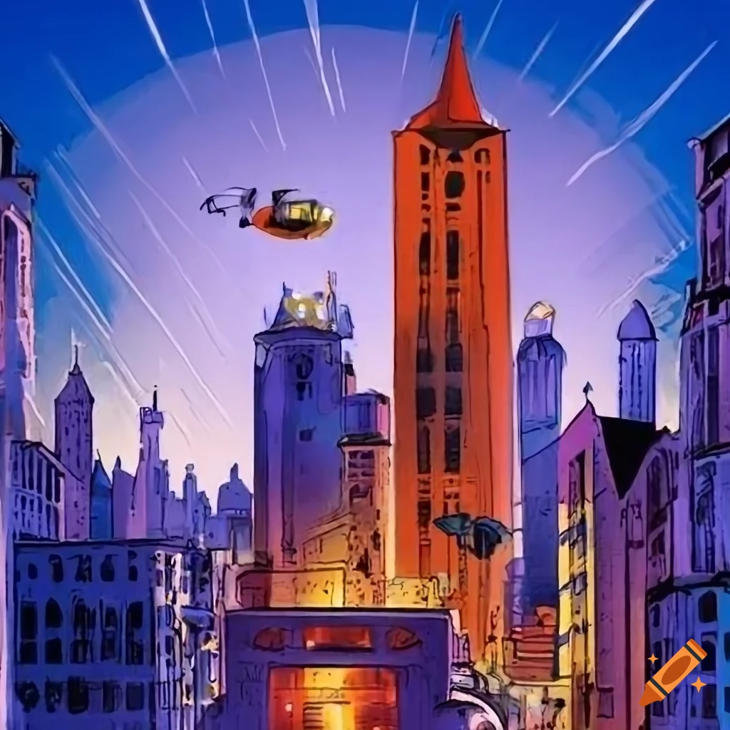 1950's cityscape in comic book style with flying machines