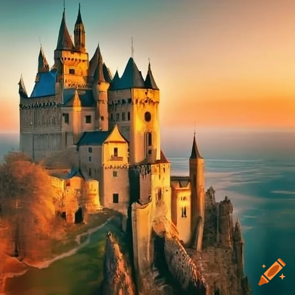 Coastal view from a magnificent castle with fairytale-inspired architecture on Craiyon