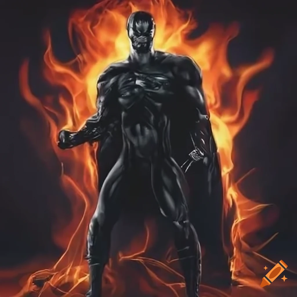 Powerful fire-based superhero in a dimly lit hallway with smoke and ...