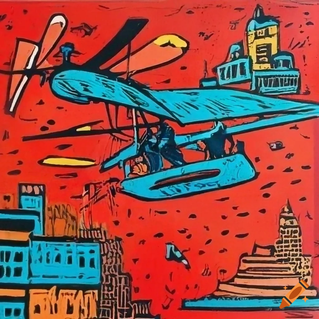 Colorful lino print of a 1950's comic cityscape with flying machines on ...